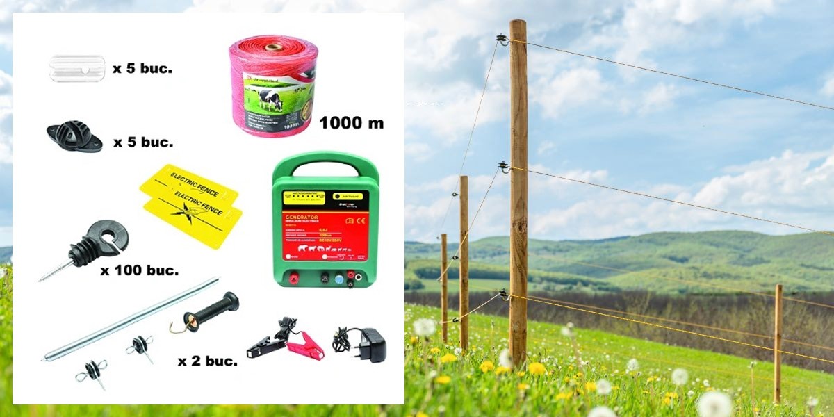 Kit complet gard electric 12/220V, 6.5 Joule, lungime fir 2x500m ...